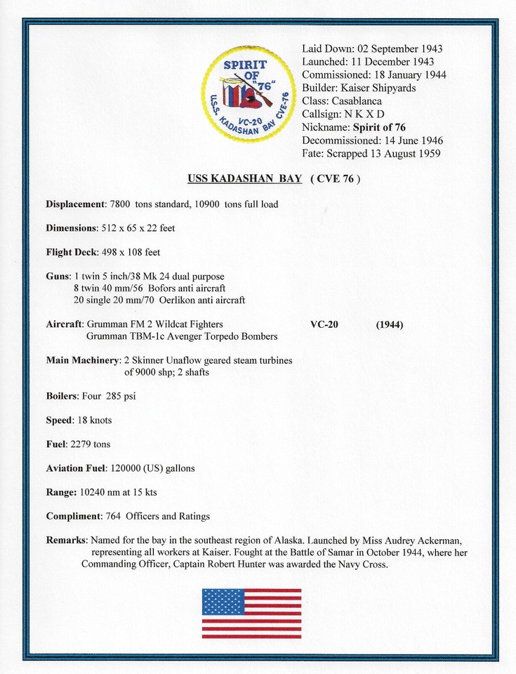 US NAVY AIRCRAFT CARRIER USS KADASHAN BAY CVE 76 8 X10 PHOTO WITH STATS ...