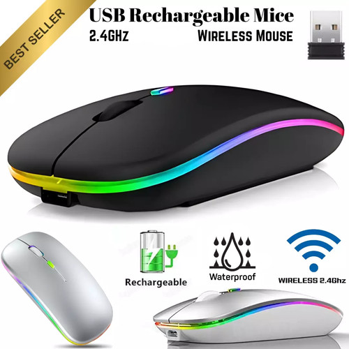 2.4GHz Wireless Optical Mouse USB Rechargeable RGB Cordless Mice For PC ...