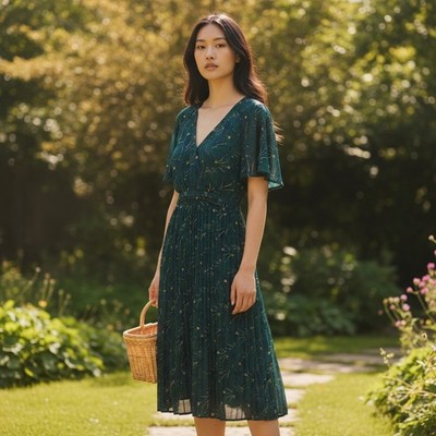 Modcloth Green Purple Flower Floral V-Neck Short Sleeve Tie Pleated ...