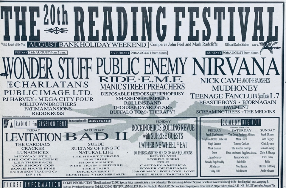 NIRVANA 1992 UK CONCERT ADVERT READING FESTIVAL Kurt Cobain Screaming ...