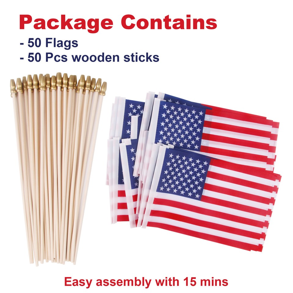 50 Pcs Small American Flags with Wooden Sticks 4x6" Handheld United ...
