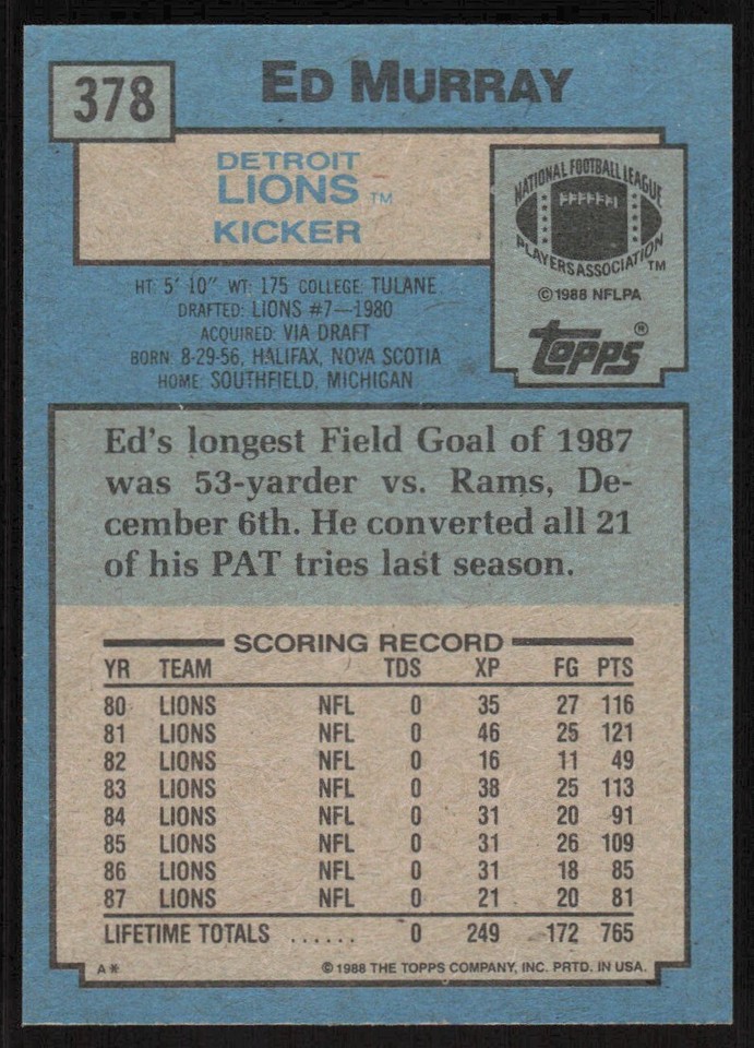 1988 Topps Football Ed Murray #378 Detroit Lions | eBay