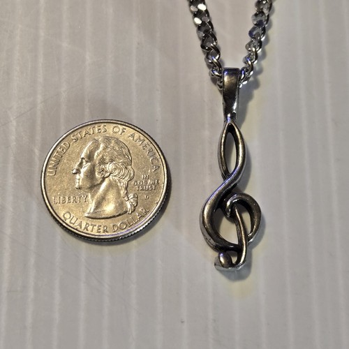 MUSICAL NOTE CLEF Pewter Pendant Charm /18"-24" STAINLESS CURB CHAIN ...