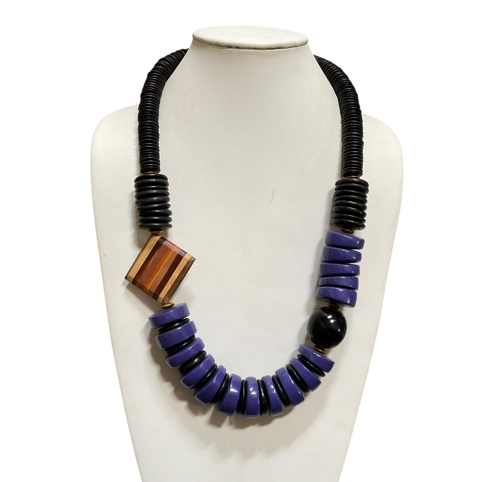 Purple Wooden Wafer Necklace Chunky Statement Vintage - Gem