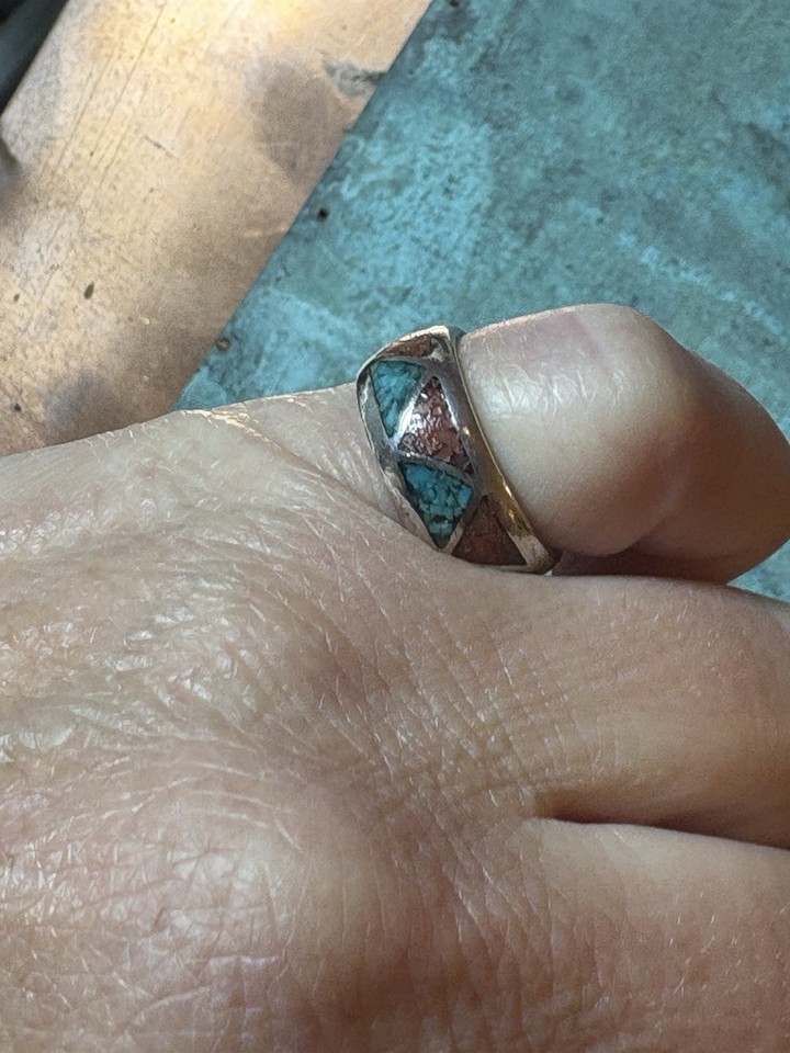 926 Sterling Silver Native Crushed Inlaid Turquoise & Coral Band Ring ...