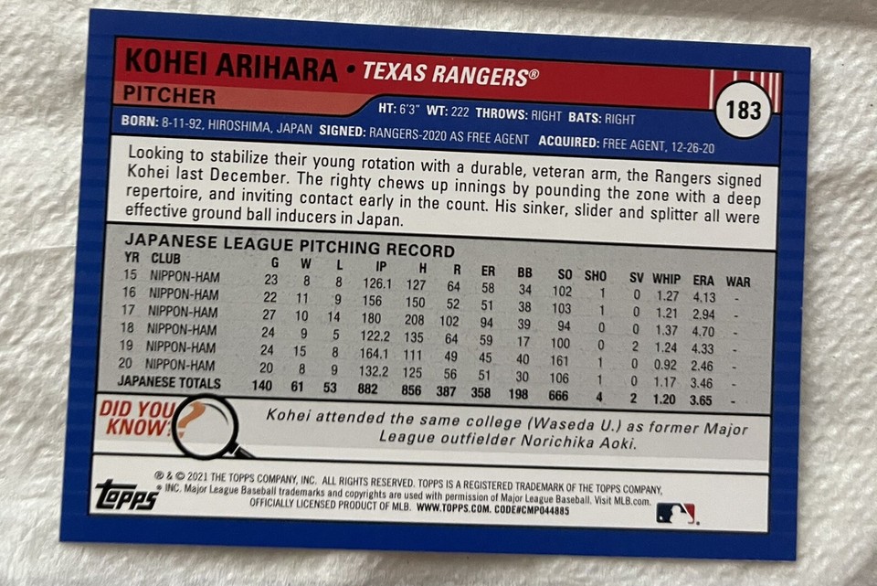 TOPPS 2021 BIG LEAGUE KOHEI ARIHARA #183 PITCHER TEXAS RANGERS ROOKIE ...