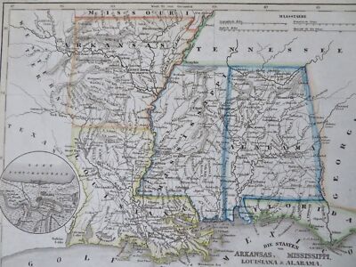 Louisiana Mississippi Arkansas Alabama New Orleans 1850 hand color ...