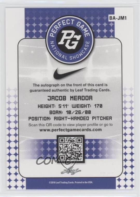 2018 Leaf Perfect Game National Showcase Green /10 Jacob Meador #BA-JM1 ...