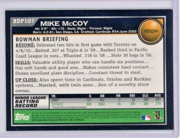 2010 Bowman Chrome Draft #BDP107 Mike McCoy Rookie - Toronto Blue Jays ...
