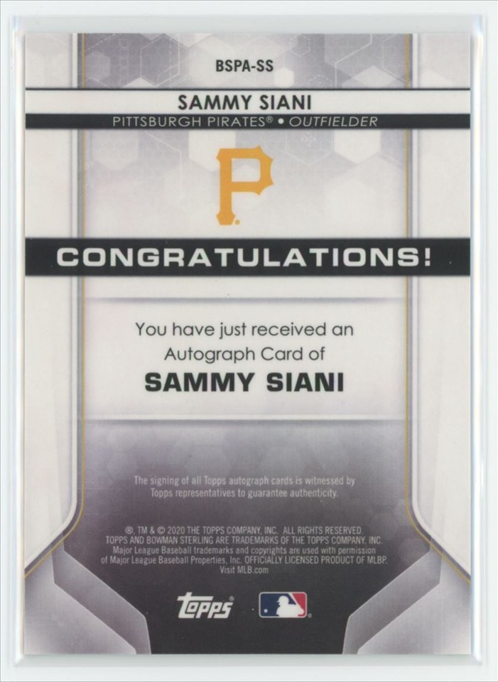 2020 Bowman Sterling Prospect Autographs Sammy Siani Auto Pittsburgh ...