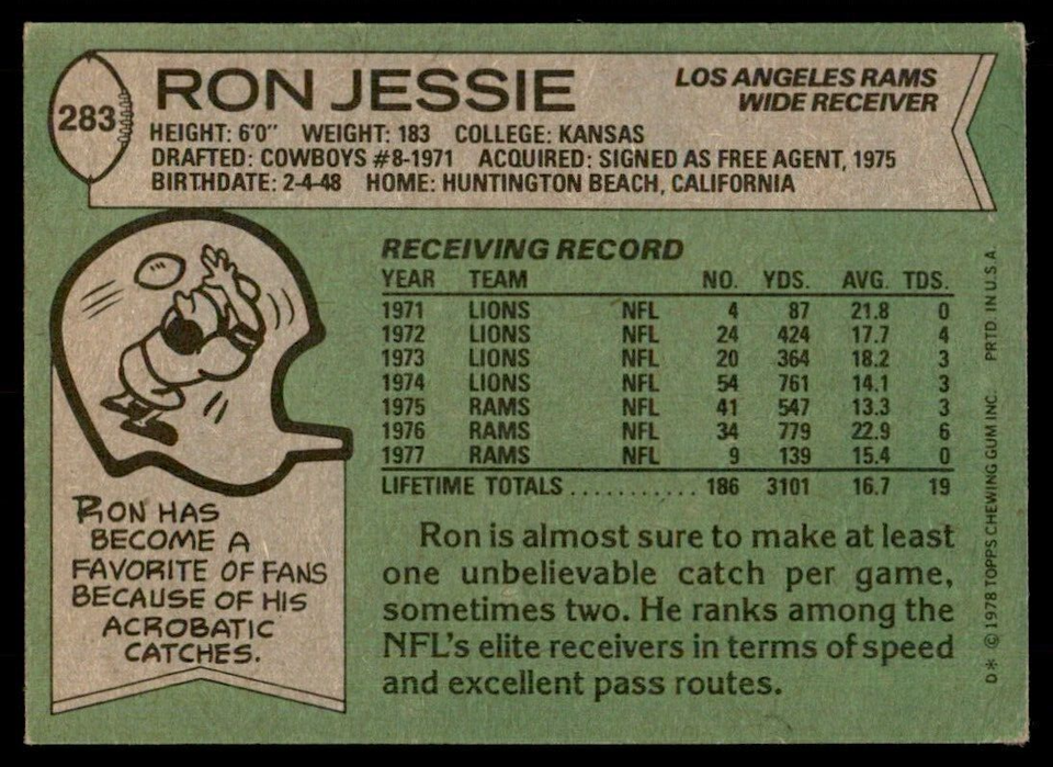 1978 TOPPS Football Vintage Trading Card #283 🏈 RON JESSIE, Los Angeles ...