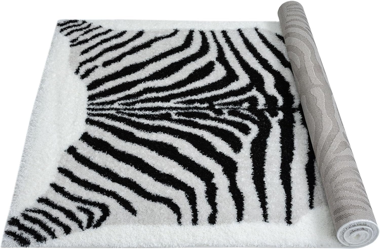 HR Plush Black & White Zebra Pattern Shag Rug - Thick Pile, High-End ...