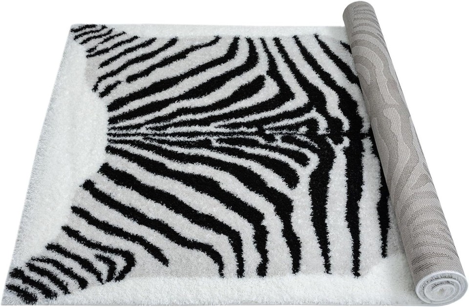 HR Plush Black & White Zebra Pattern Shag Rug - Thick Pile, High-End ...