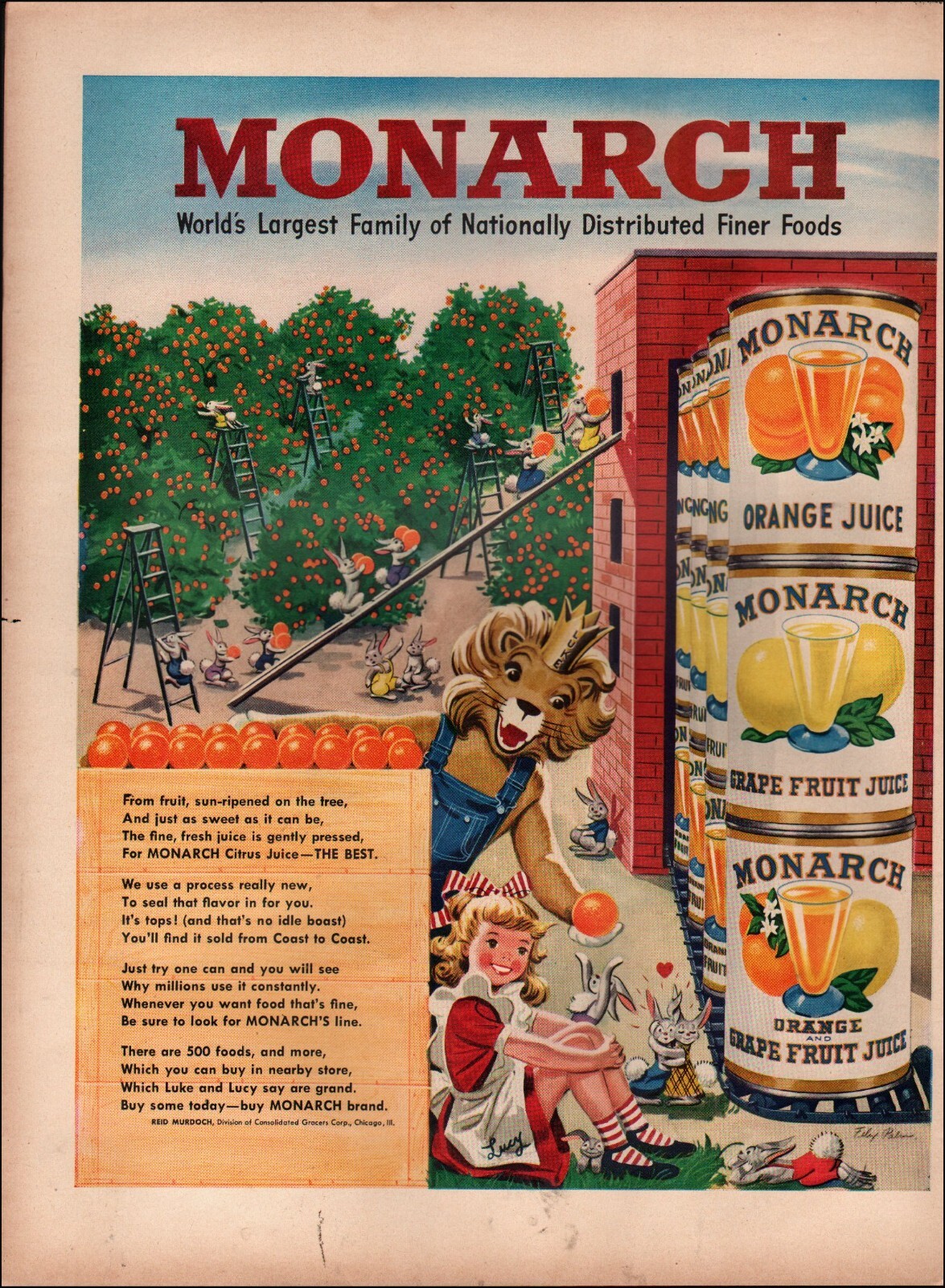 1950 Vintage ad Monarch Brand Juices food retro Art Lion rabbits 03/23 ...