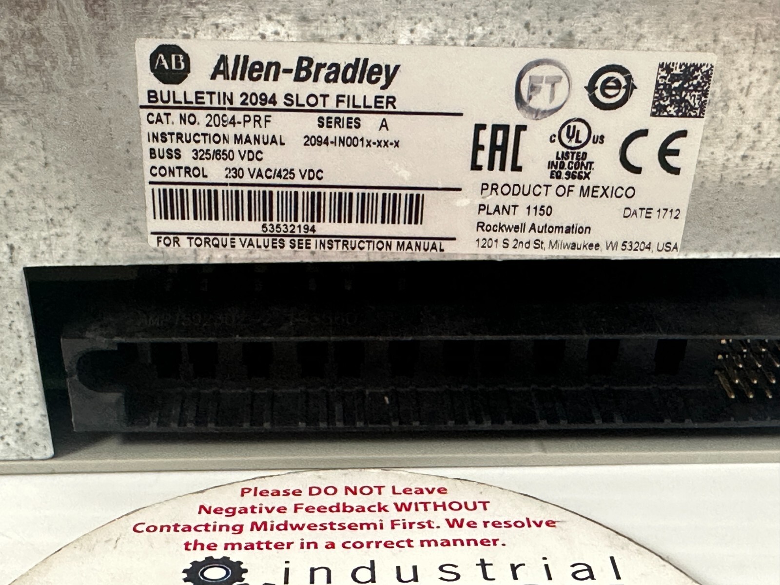 ALLEN BRADLEY 2094-PRF / 2094PRF SER A KINETIX 6000 SLOT FILLER ...