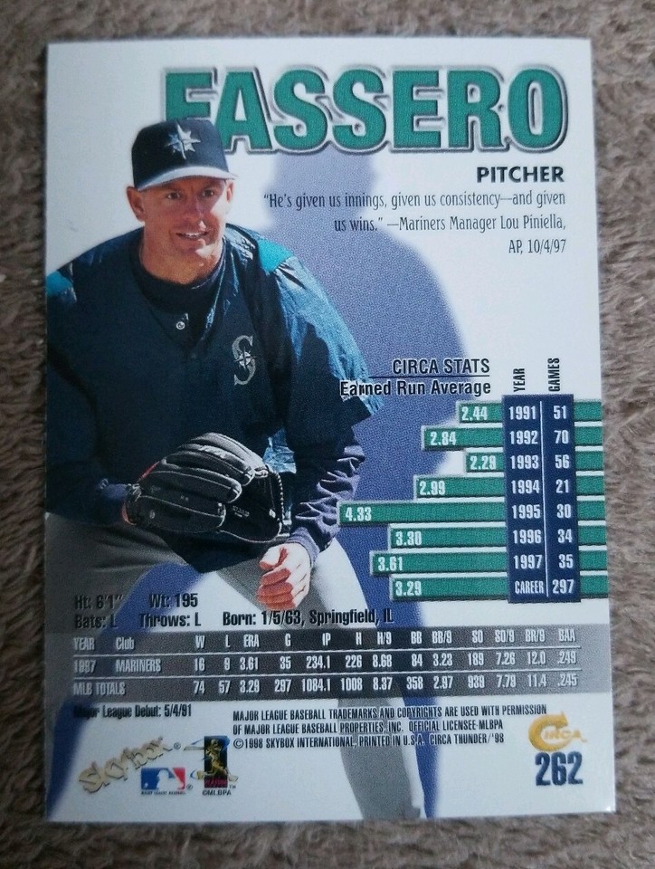 1998 Skybox Thunder #262 Jeff Fassero Seattle Mariners Collectible ...