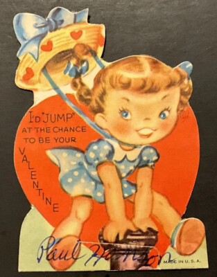 Vintage Valentine Card Cute Girl Hat Flying,jumping Over Log ‘Jump At ...