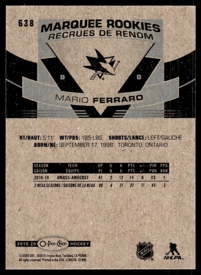 2019-20 OPC Marquee Rookies Mario Ferraro Rookie San Jose Sharks #638 ...