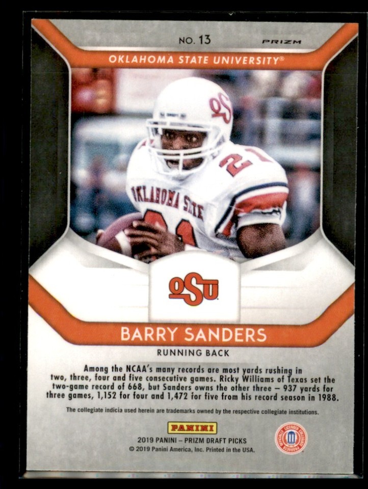 2019 Prizm Draft Picks PURPLE Barry Sanders Oklahoma State Cowboys #13 ...