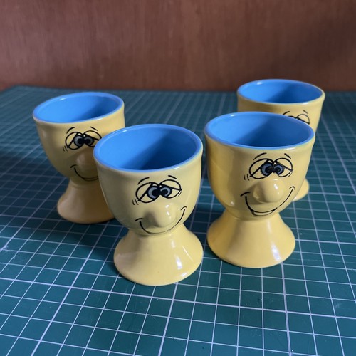 Vintage Trade Wind Ceramic Set 4 Egg Cups yellow blue Funny Face Design ...