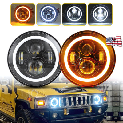For Hummer H1 H2 AM General - 7inch LED Headlights Halo Angel Eyes ...