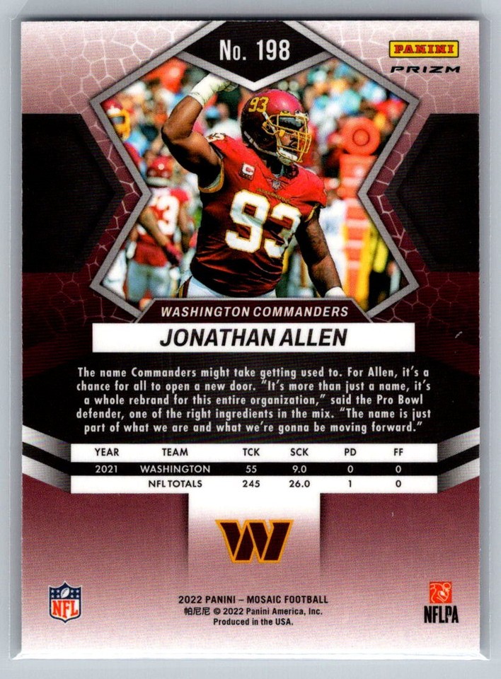 2022 Panini Mosaic #198 Jonathan Allen Mosaic Camo Pink COMMANDERS | eBay