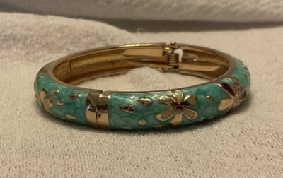 Jiu Long Xing Cloisonné Bangle Cuff Bracelet Spring Hinge Blue Enamel ...