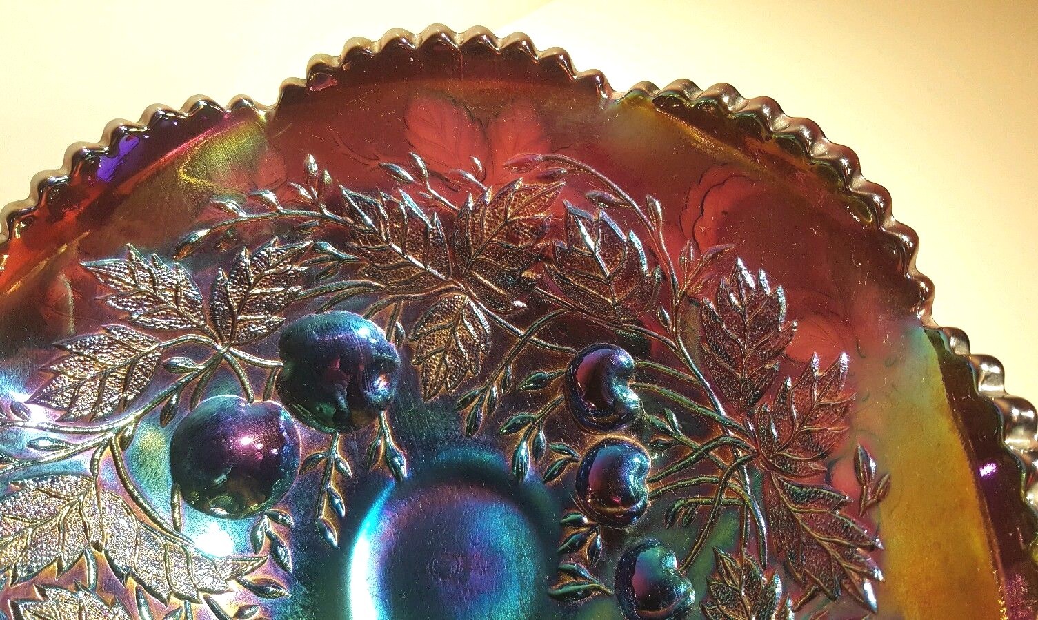 HUGE 11" Northwood Carnival Glass Three Fruits Grape Stippled Bowl Pie ...