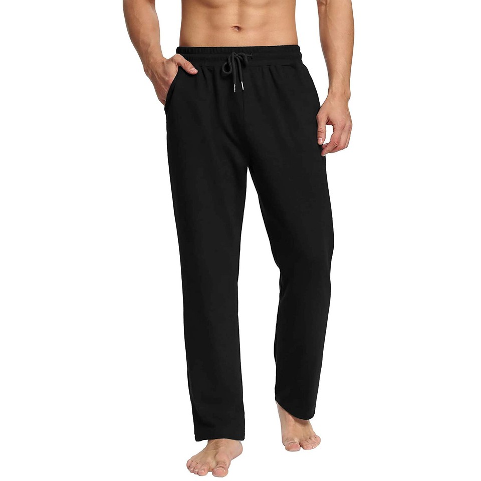 Men's Open Bottom Pants Sweatpants Joggers Gym Workout Fleece Line with ...