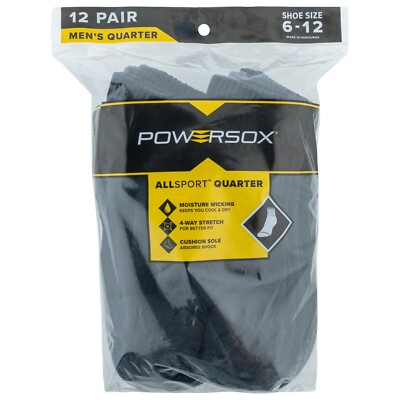 Men's Powersox All Sport Moisture Wicking Quarter Black Socks 12 Pair ...