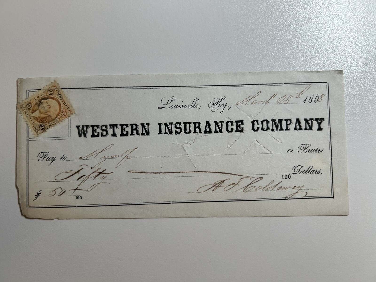 R15c - Western Insurance Company - Bank Check - Louisville KY - 1868 | eBay