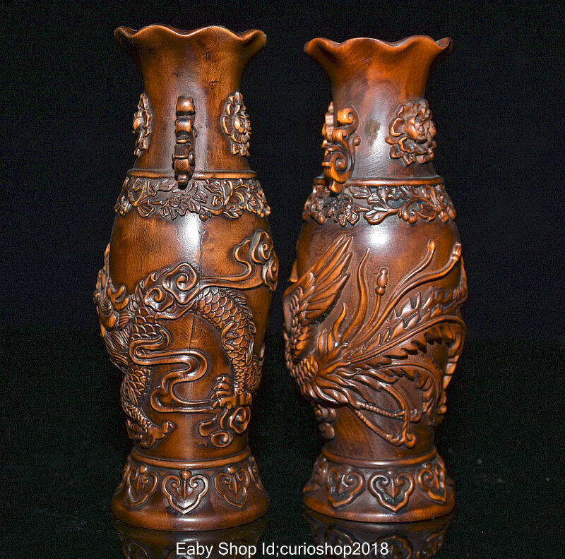 7.2"Old China Boxwood Wood Carved Dynasty Dragon Phoenix Flower Bottle ...