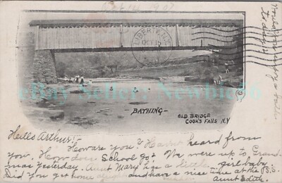 Cooks Falls NY - BATHING UNDER OLD COVERED BRIDGE - Postcard Catskills ...