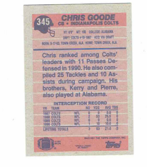 Chris Goode Indianapolis Colts CB #345 Topps 1991 Football Card | eBay