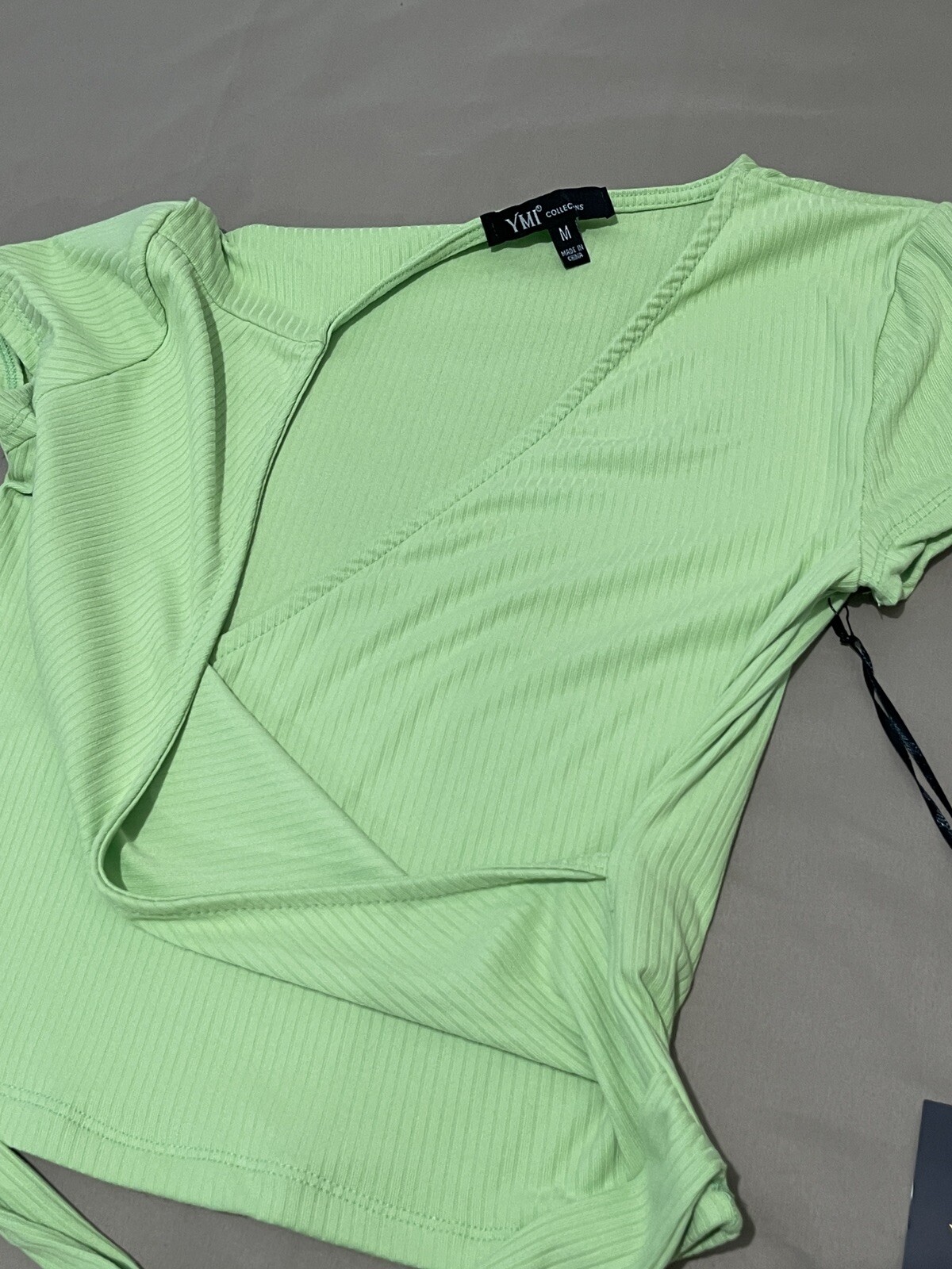 New YMI Collections Green Wrap Blouse Crop Ribbed Knit Tie Waist V-Neck ...