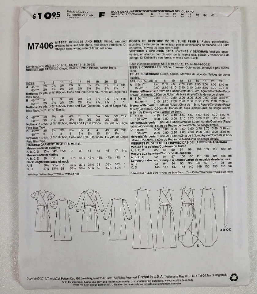 McCall's M7406 Sewing Pattern Misses Dresses and Belt Fitted Wrapped ...