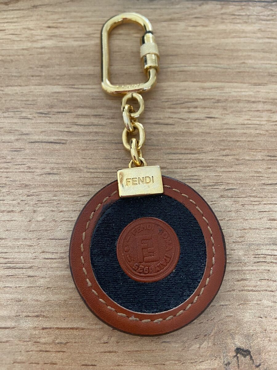 Vintage FENDI Gold Tone Leather Trim Logo Keychain Key Ring Vintage FENDI Gold Tone Leather Trim Logo Keychain Key Ring