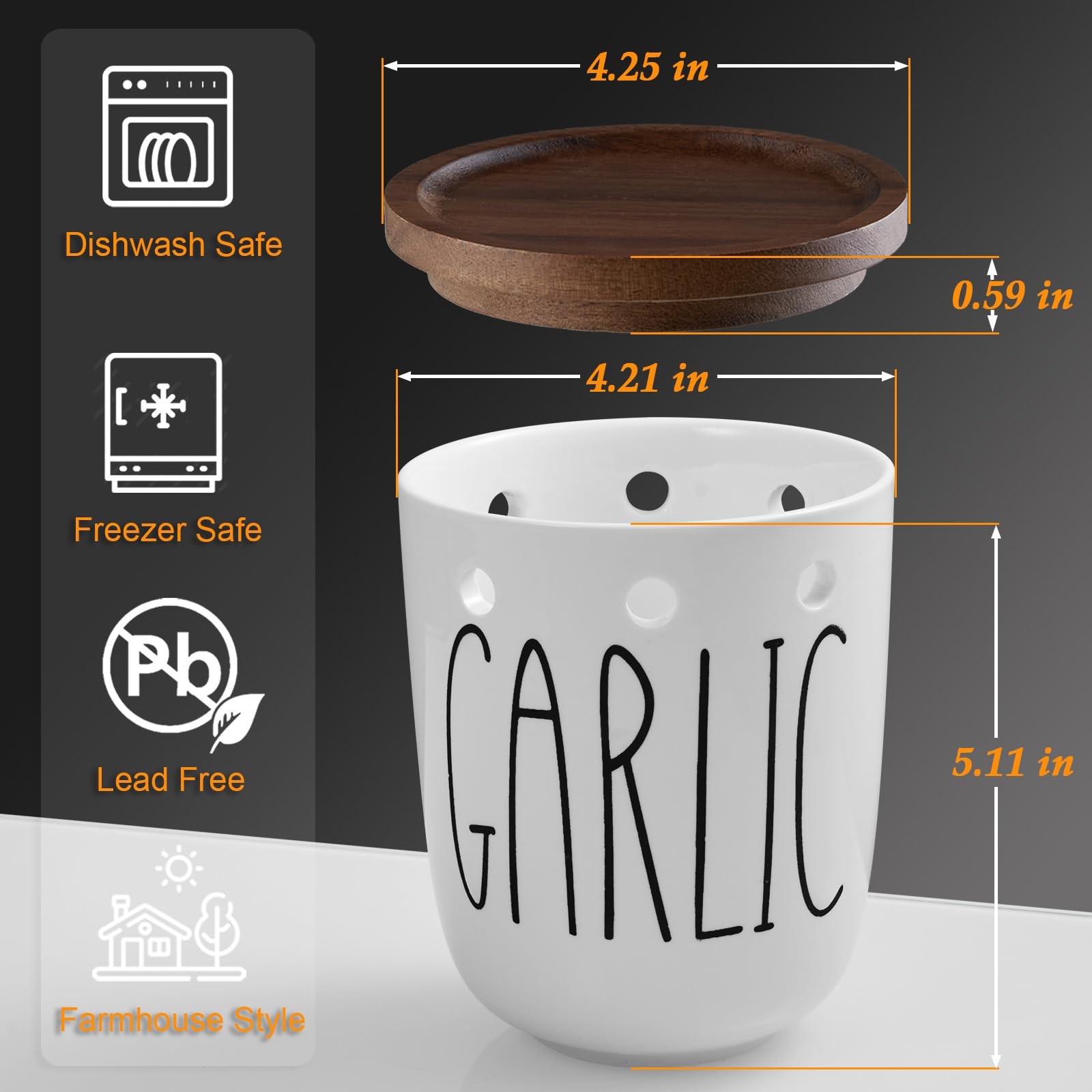 Large Garlic Keeper for Counter, Ceramic Garlic Keeper with Acacia Wood ...