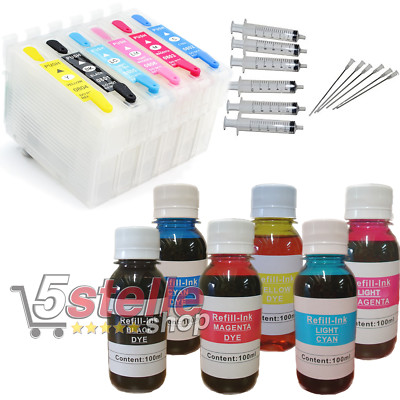 KIT 6 CARTUCCE RICARICABILI+INCHIOSTRO X EPSON R265 R285 R360 RX560 ...