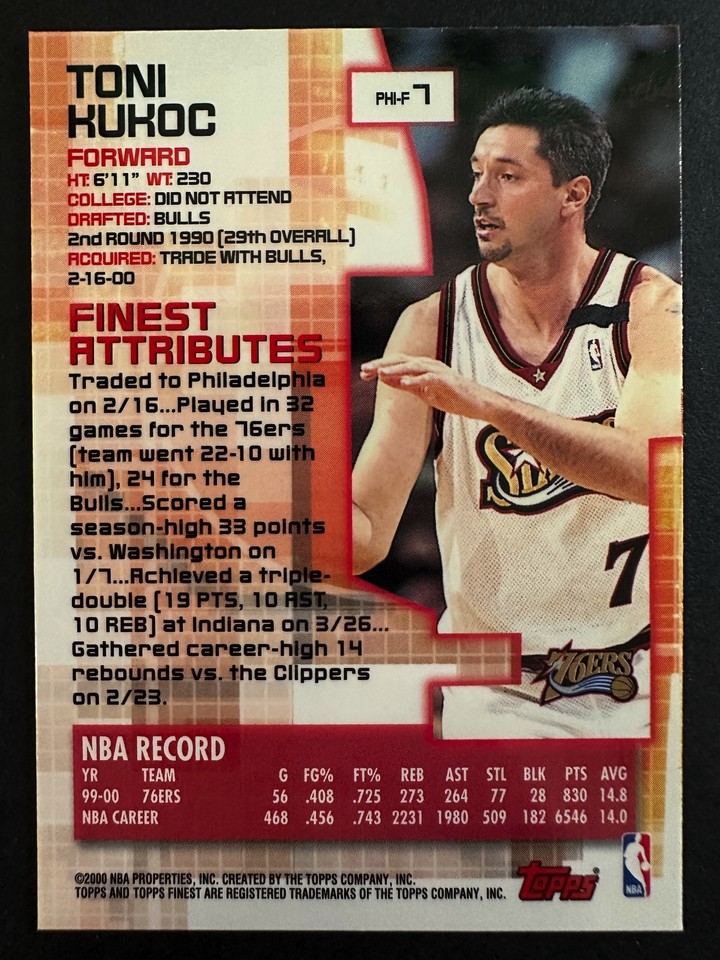 Toni Kukoc 2000 Topps Finest Basketball Card Philadelphia 76ers #7 | eBay