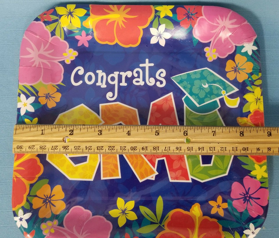 Graduation Party Plates Congrats Grad Bright Flowers Design Pink Blue ...