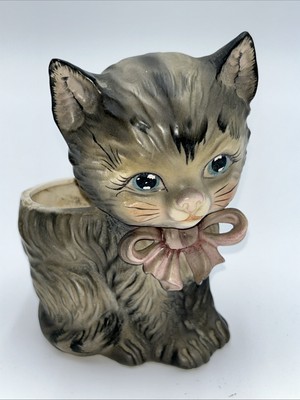 Vintage Lefton Gray Kitten Cat Blue Eyes & Pink Bow Planter #2953N Rare ...