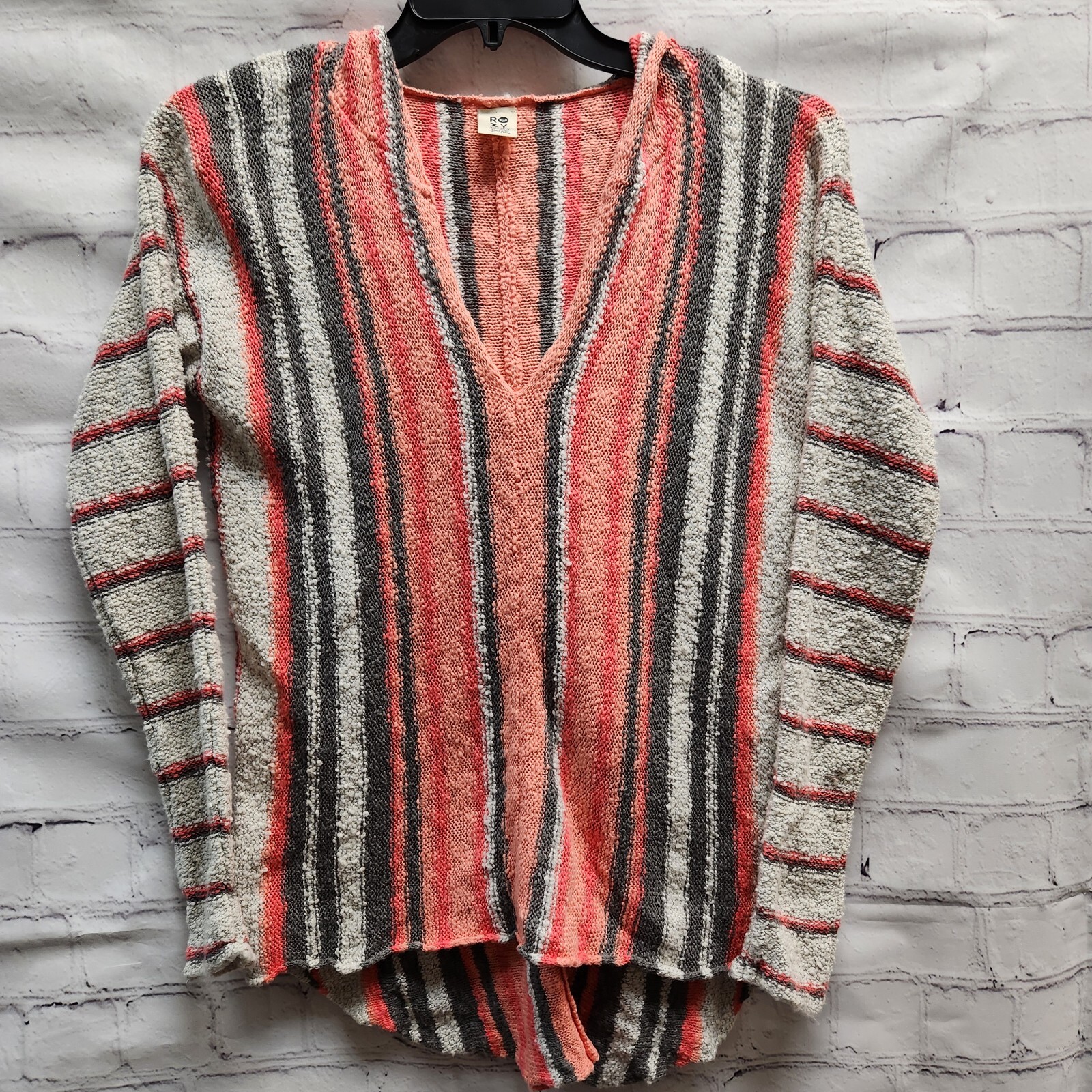 Roxy Hoodie Sm Sweater Pink Gray Stripes Knit Long Sleeve Surfer Cover ...