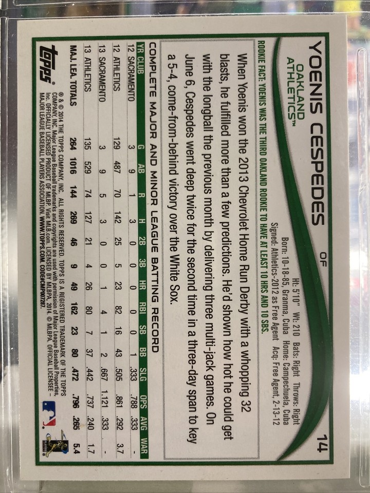 Yoenis Cespedes #14 Athletics 2nd Year Rookie 2014 Topps Baseball Cards ...