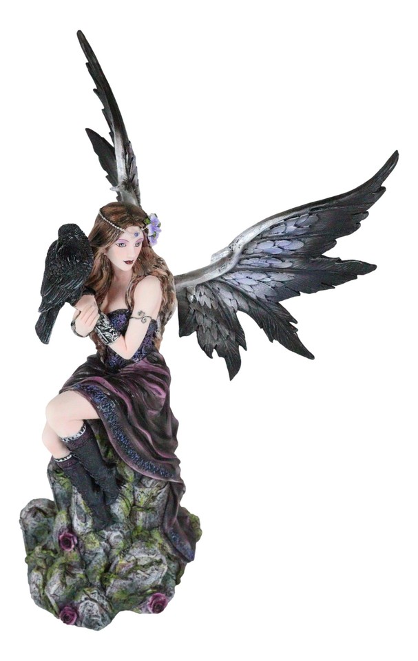 Necromancy Gothic Black Fairy With Raven Crow Sitting On Rock Figurine ...
