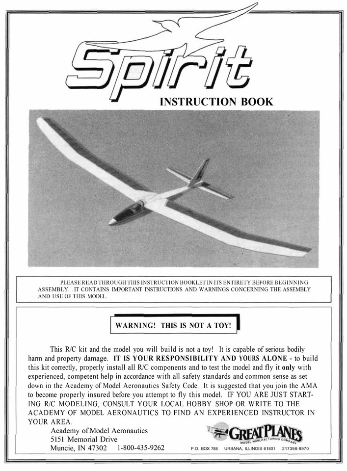 Great Planes Model Airplane Plans (RC): SPIRIT 2M (78") Sailplane ...
