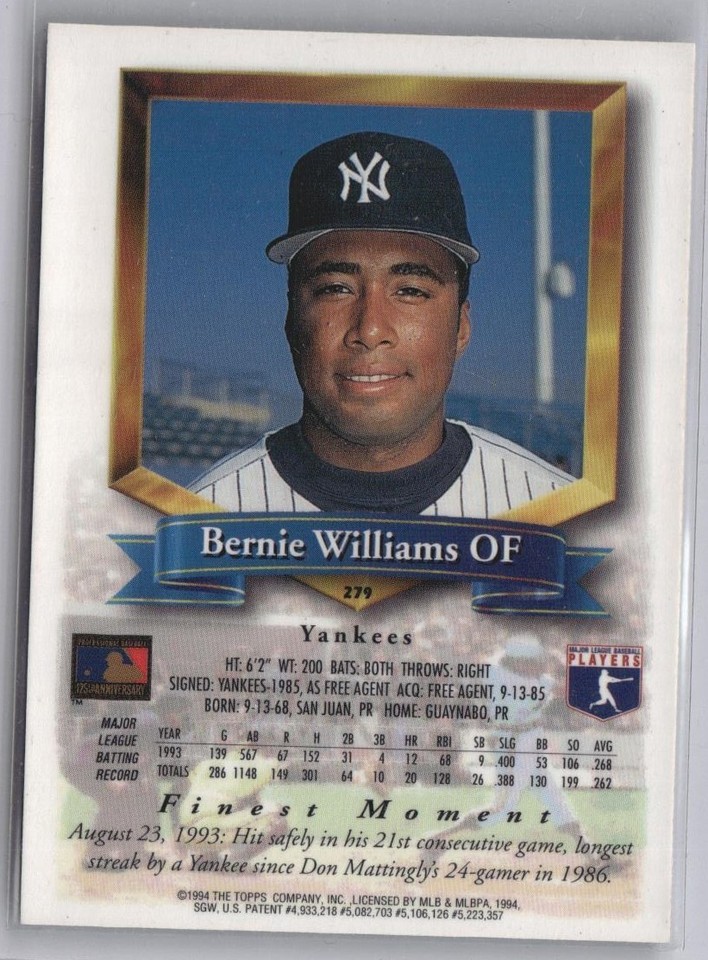1994 Finest New York Yankees Baseball Card #279 Bernie Williams | eBay