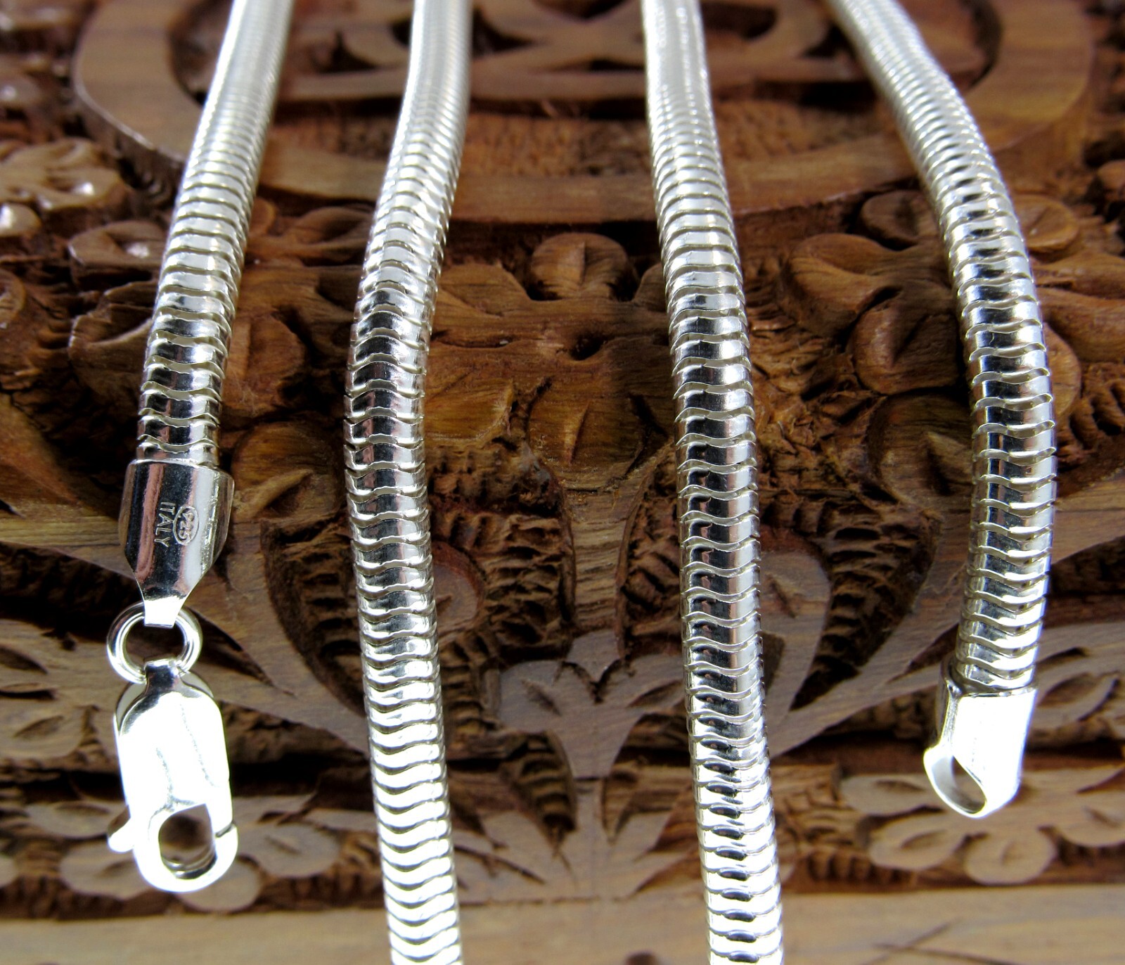 4MM Solid 925 Sterling Silver Italian ROUND SNAKE Chain Necklace, Made ...