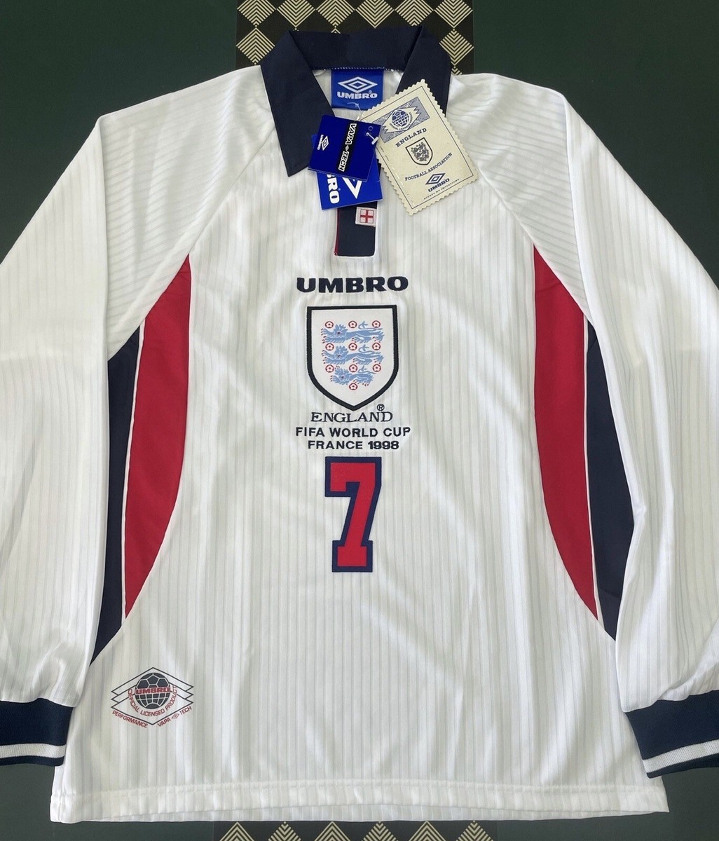 Authentic 1998 England Home #7 Beckham Long Sleeve w/World Authentic 1998 England Home #7 Beckham Long Sleeve w/World