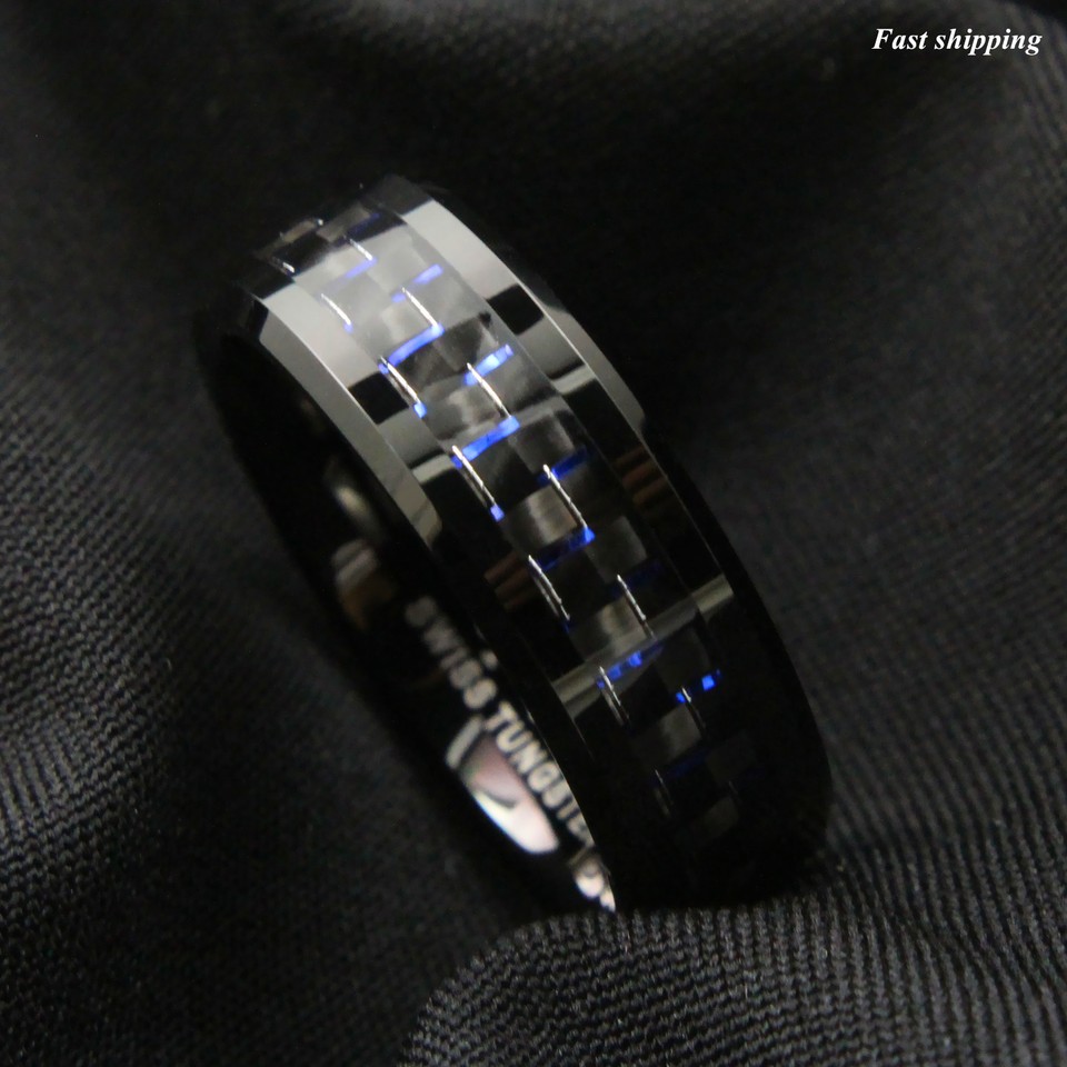 8mm Black Tungsten Ring Black Blue Carbon Fiber Wedding Band ATOP Men's ...